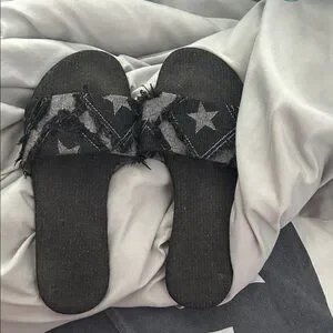 SHEIN | Shoes | Shein Black Starprint Frayed Slide Sandals | Poshmark